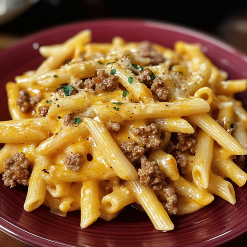 Cheesy Penne With Garlic Butter Ground Beef - Recipes Epic